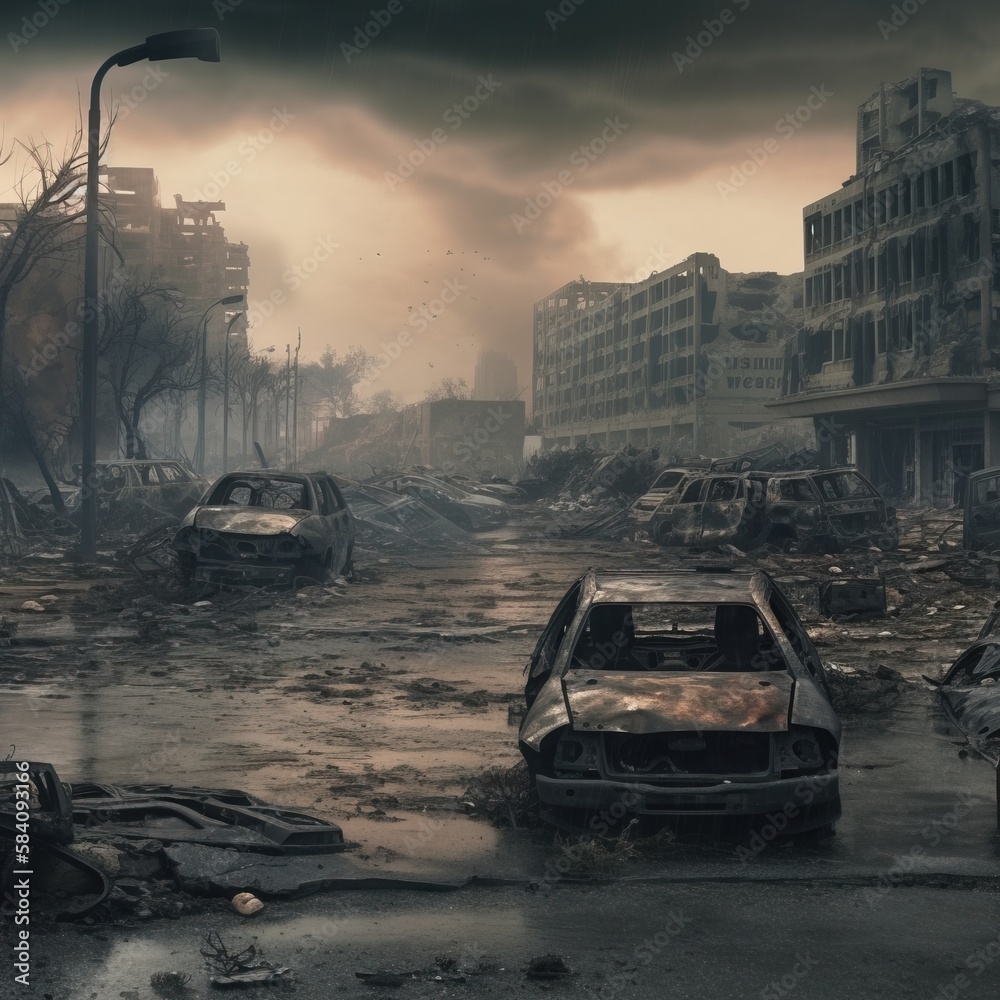 Post-apocalyptic ruined deserted city. Destroyed buildings, destroyed ...