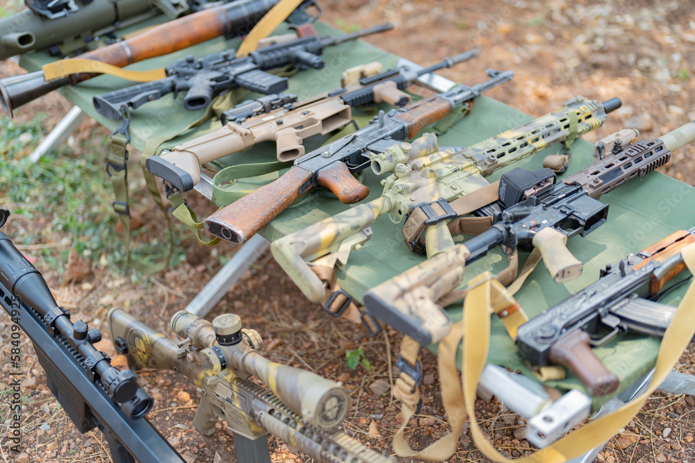 Gun weapons bags and bullets for Army marine corps soldier military war ...