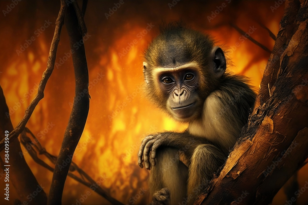Frightened monkey waiting for death watching burning rainforest ...