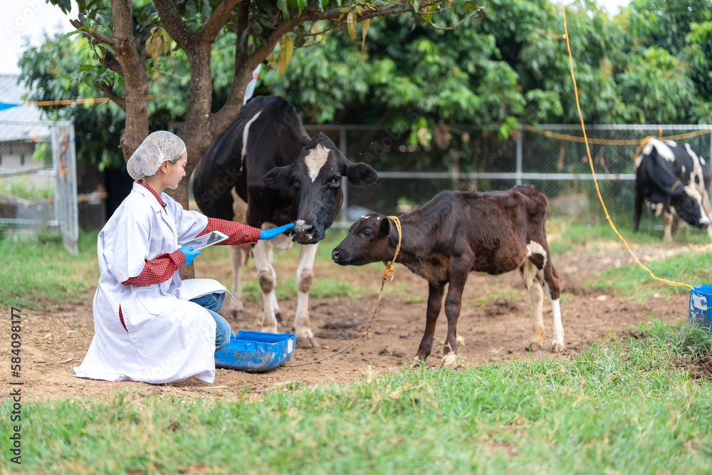 Female veterinarian in a white medical gown stands in a cowshed and ...
