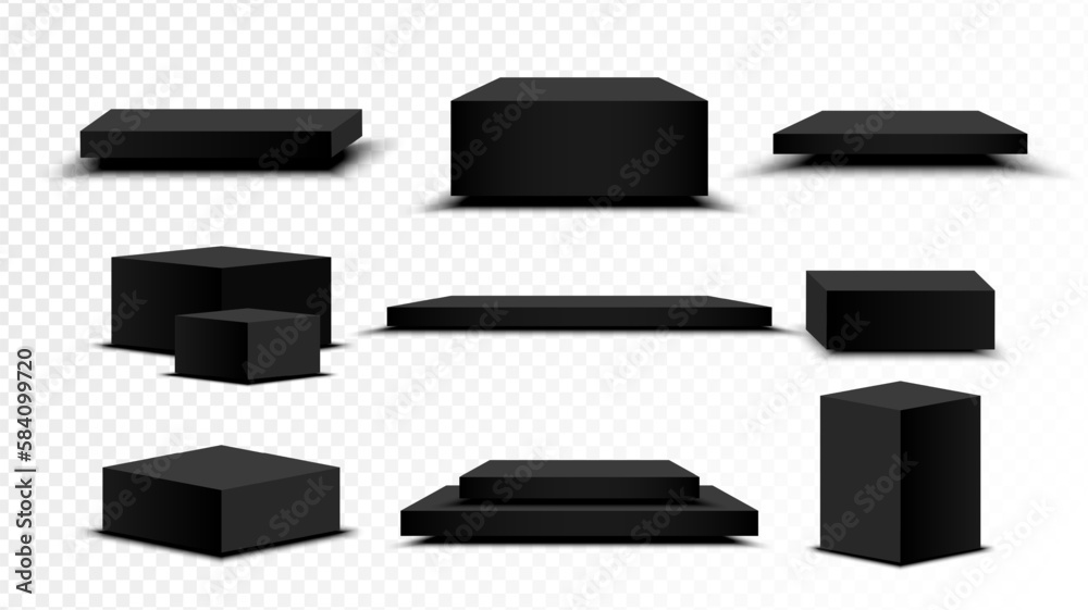 Set of Black square base. Collection of podium stand isolated on ...