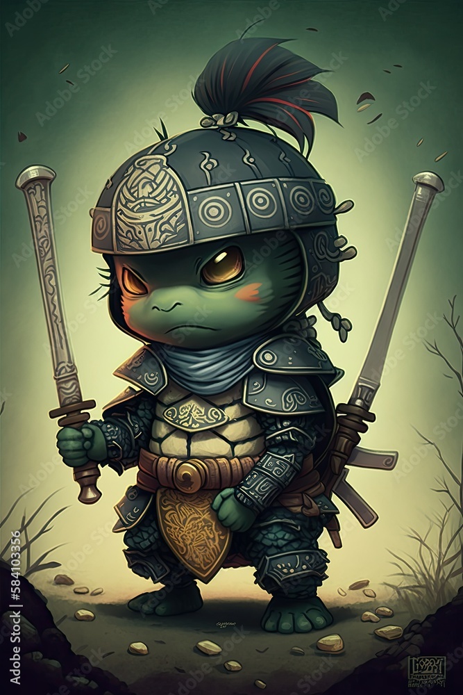 Samurai Armor Turtle Chibi Illustration: Cute and Dynamic Anime-Style ...