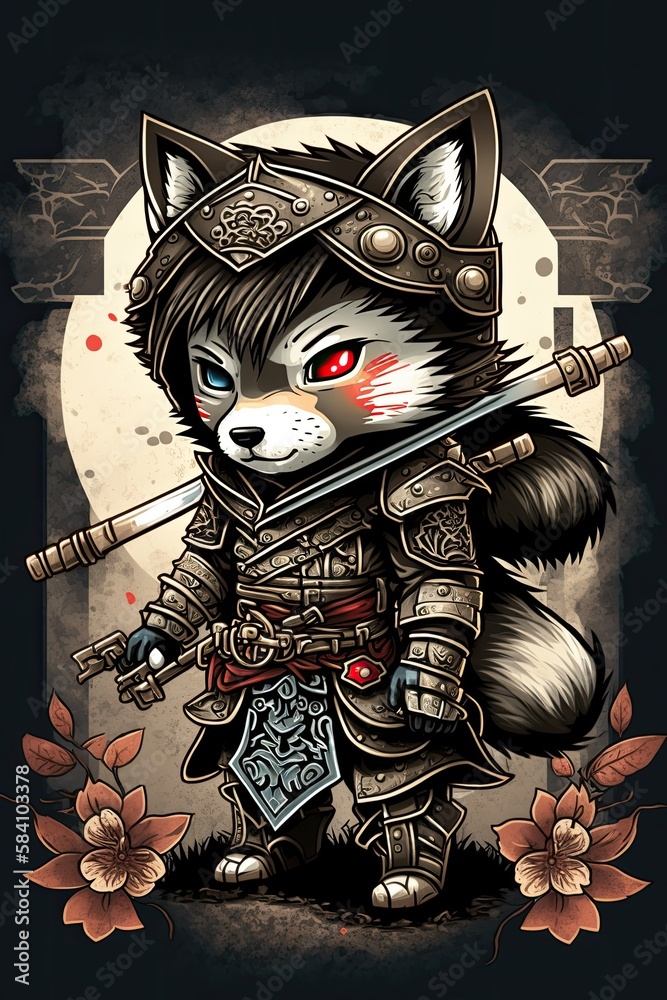 Anime-style Illustration of a Brave Wolf in Samurai Armor: Cute and ...