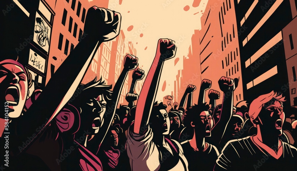 Protest activists. Crowd with raising fists at city street. Group of ...