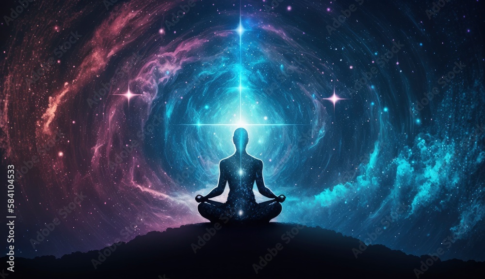 Astral body silhouette in lotus pose practicing yoga against cosmic ...