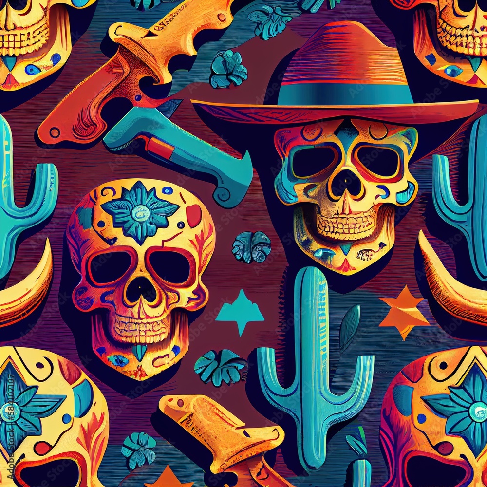 Old skulls with cowboy hats and vintage guns. Generative AI Art. Stock ...