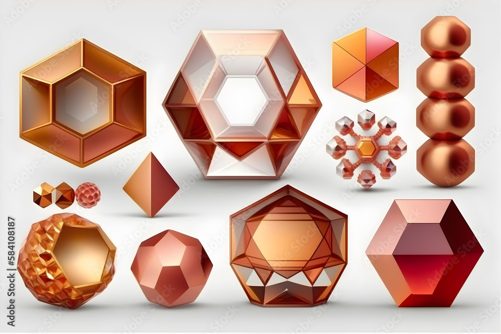 Set of realistic 3d geometric shapes on white background. Red and ...