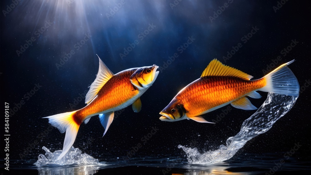 Beautiful Fish swimming in dark water. Isolated on black background ...