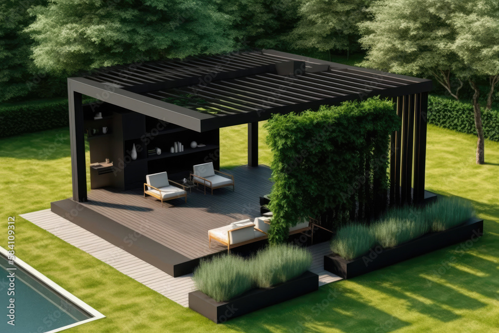 Modern black bio climatic pergola with top view on an outdoor patio ...