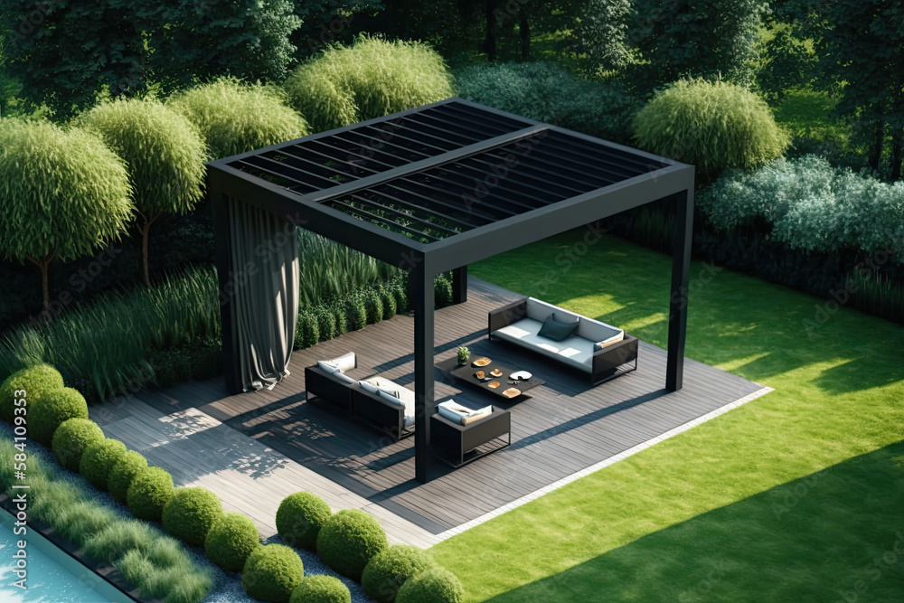 Modern black bio climatic pergola with top view on an outdoor patio ...