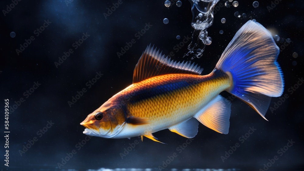 Beautiful Fish swimming in dark water. Isolated on black background ...