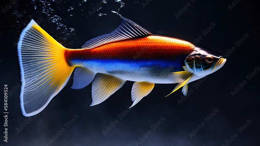 Beautiful Fish swimming in dark water. Isolated on black background ...