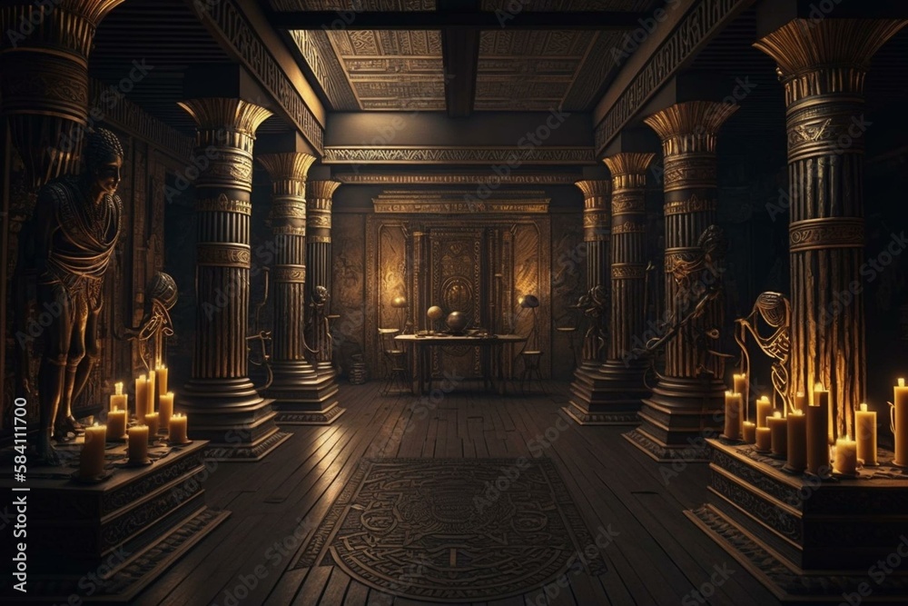Ancient Egyptian black room with gold decor, fantasy interior, night ...