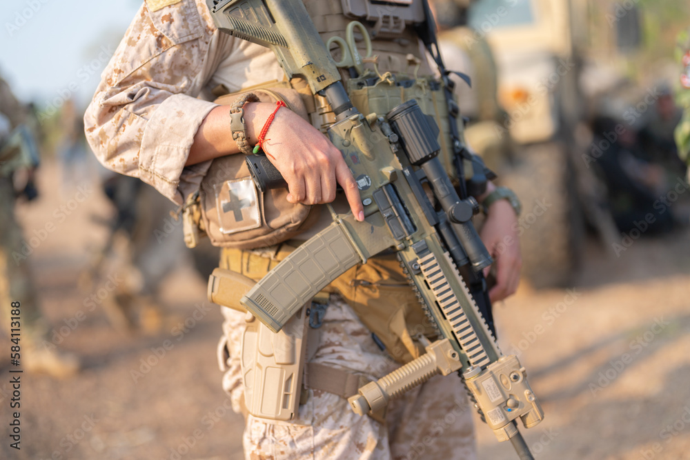 Team of U.S. Army marine corps soldier military war with gun weapon ...