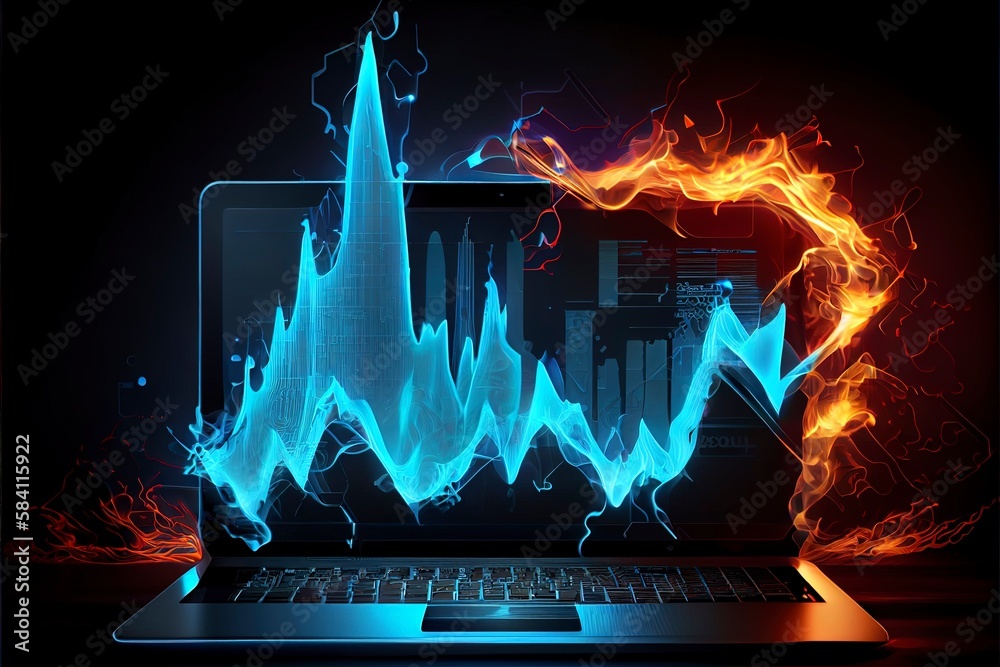 laptop is on fire.glowing blue plasma flame. flame shaped stock chart ...