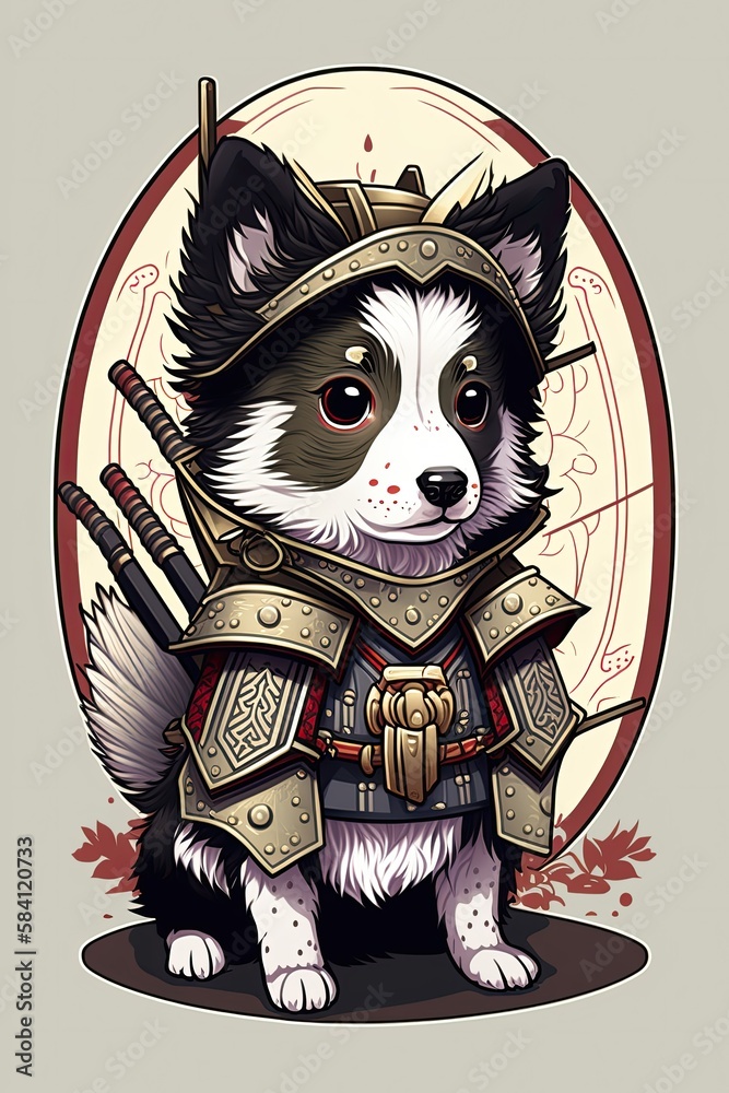 Anime-style Illustration of a Brave Border Collie dog in Samurai Armor ...