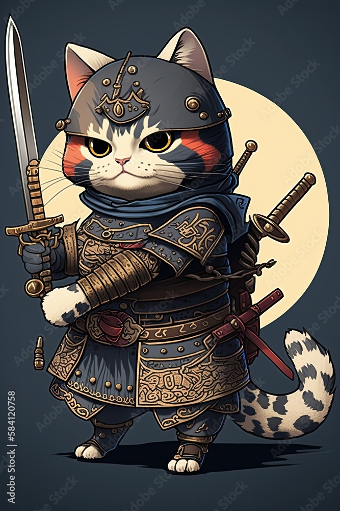 Chibi Anime Illustration of British Shorthair cat in Japanese Samurai ...