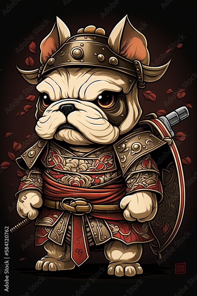 Anime-style Illustration of a Brave Bulldog dog in Samurai Armor: Cute ...