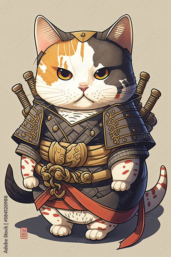Anime-style Illustration of a Brave Manx cat in Samurai Armor: Cute and ...