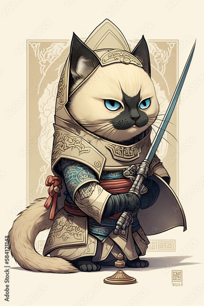 Chibi Anime Illustration of Tonkinese cat in Japanese Samurai Armor ...