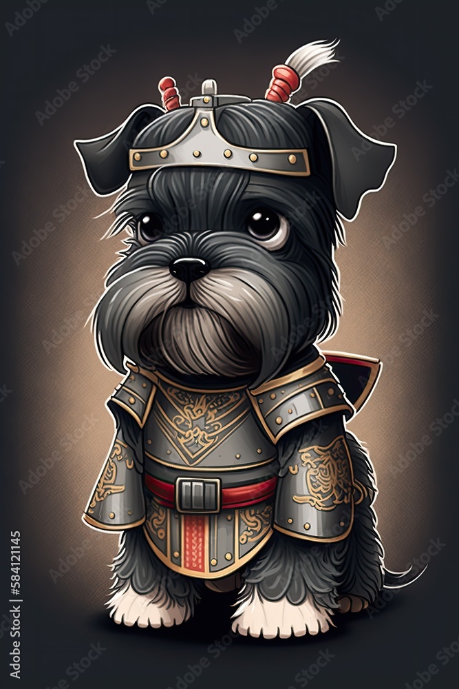Anime-style Illustration of a Brave Standard Schnauzer dog in Samurai ...