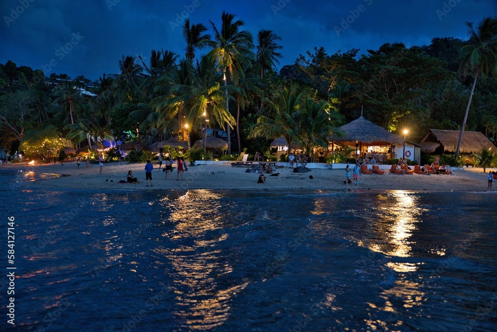 Sandy beach of El Nideo, Palawan in the Philippines at night, with ...
