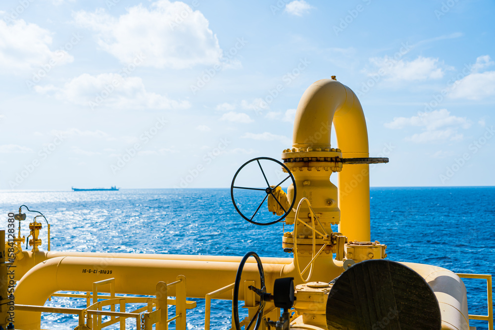 Oil and gas processing plant with pipe line valves.Steel pipelines and ...