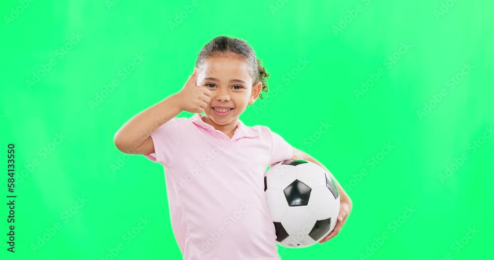 Girl, soccer ball and thumbs up in green screen studio with smile, face ...
