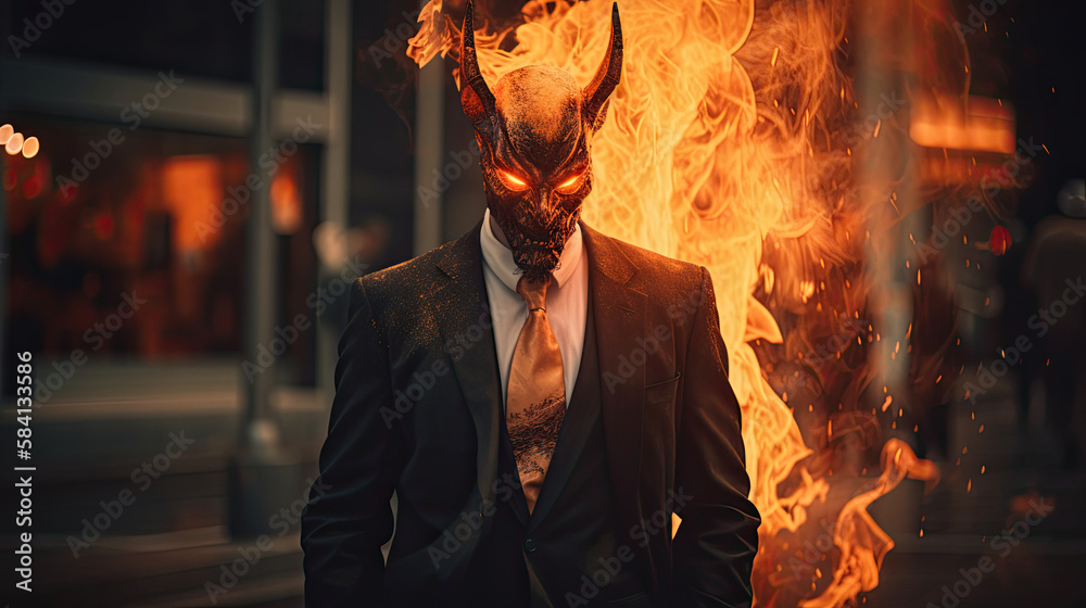 Devil Satan in a suit on fire walking down the street, Stock ...