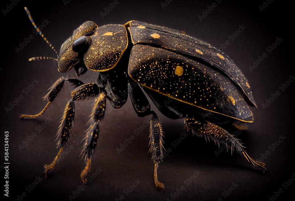 A black-surfaced bug with yellow spots, gold dust, legs, and wings ...