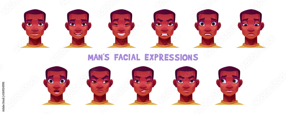 African American man facial expressions isolated on white background ...