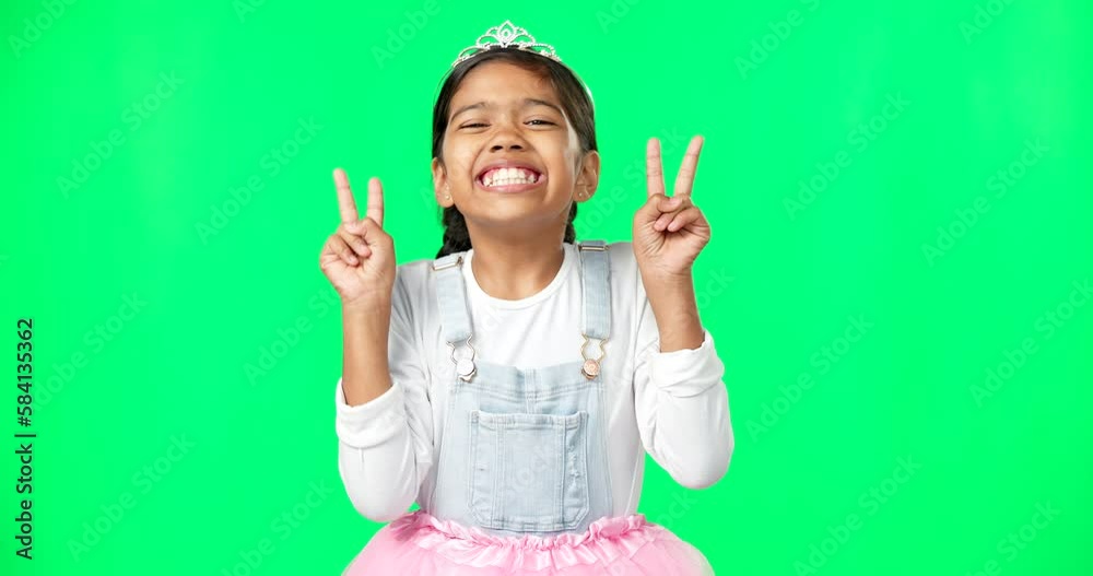 Peace, fun and hand gesture with a girl on a green screen background in ...