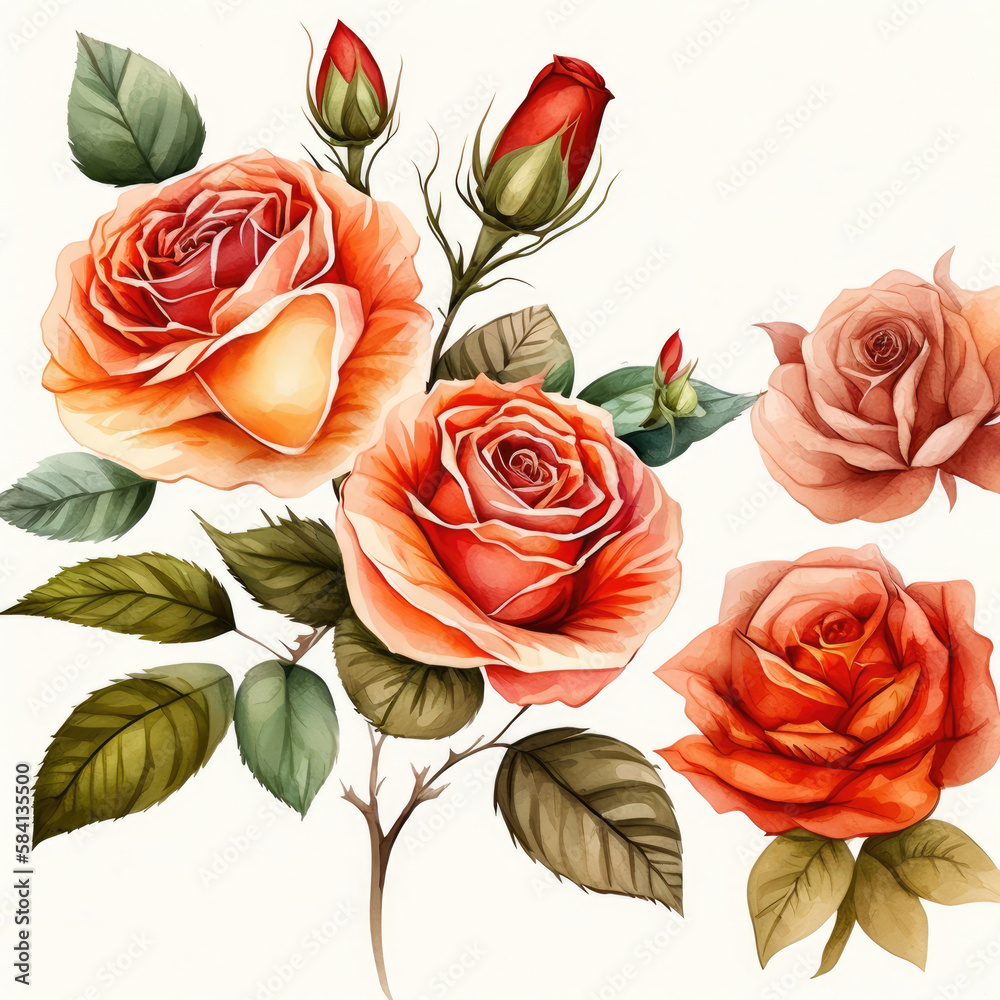 Fully Formed Cartoon Drawing of a Symmetric Red Rose Element Set in ...