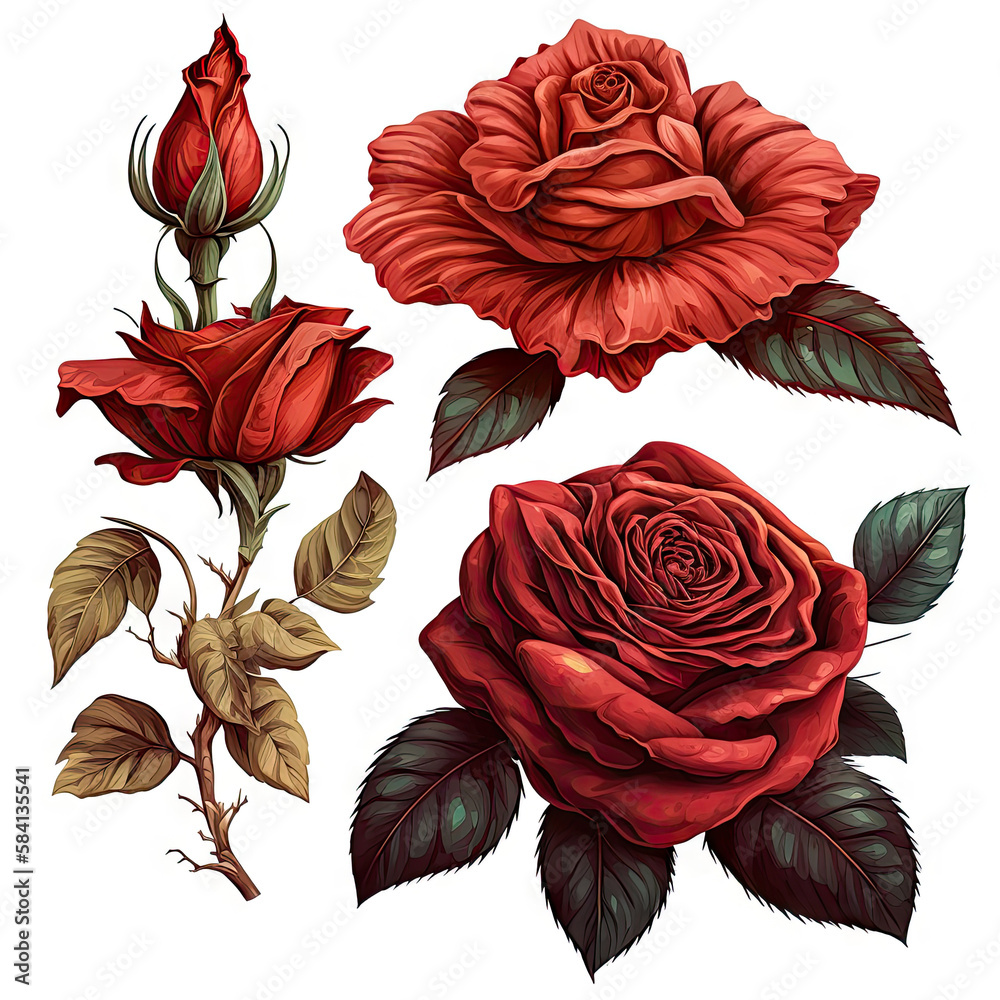 Fully Formed Cartoon Drawing of a Symmetric Red Rose Element Set in ...