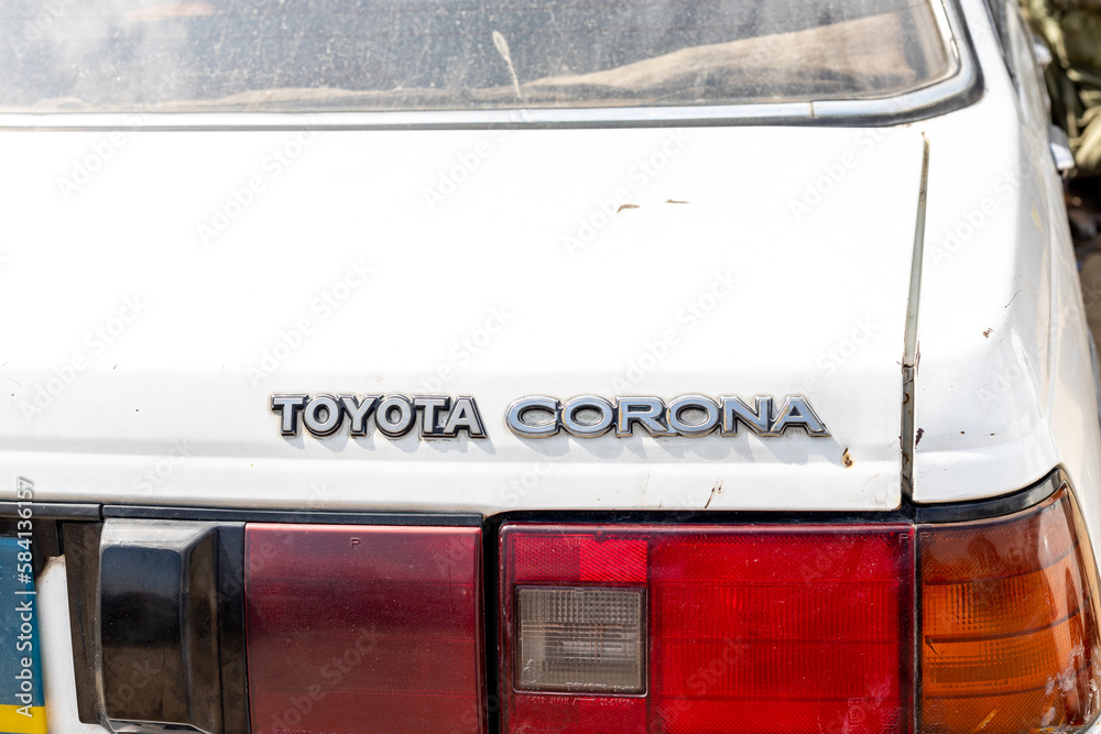 Toyota corona logo on a trunk of an old 1983 model car Stock Photo ...
