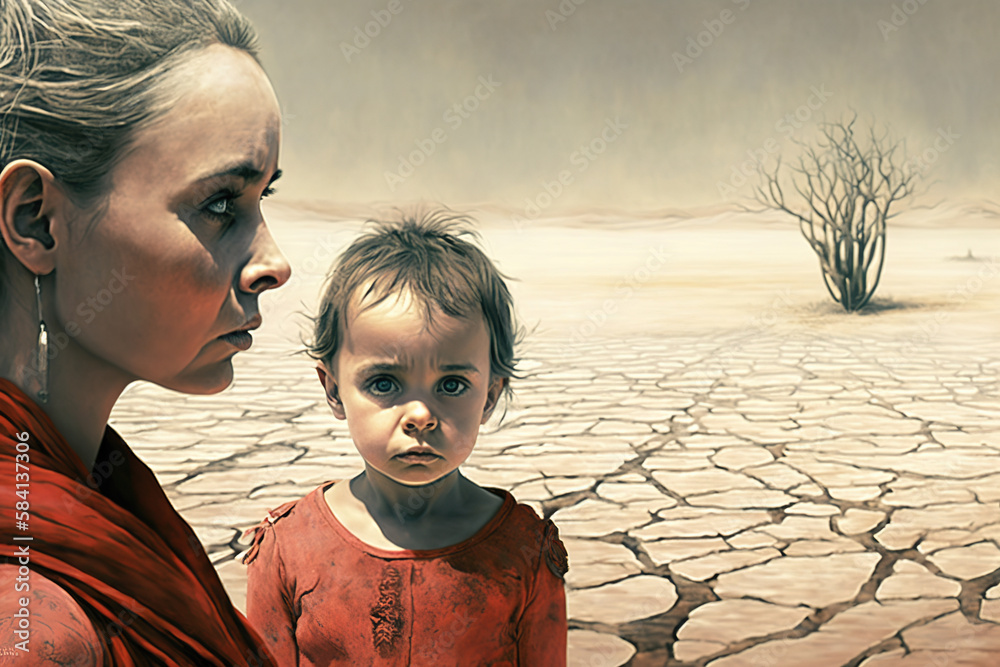 Sad person with dry and cracked ground background, concept of drought ...