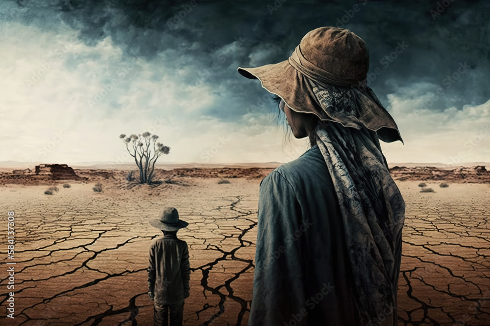 Sad person with dry and cracked ground background, concept of drought ...