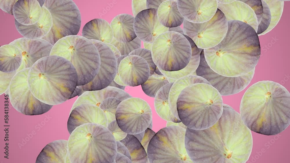Abstract explosion with figs flying in different directions on a pink ...