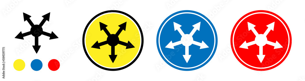 five way intersection road sign, star shaped arrow. yellow, blue and ...