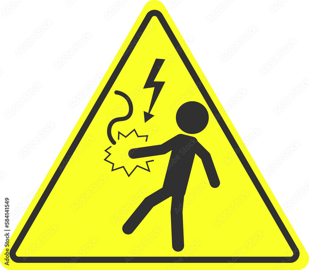 High voltage lightning triangle safety sign, black yellow electric ...