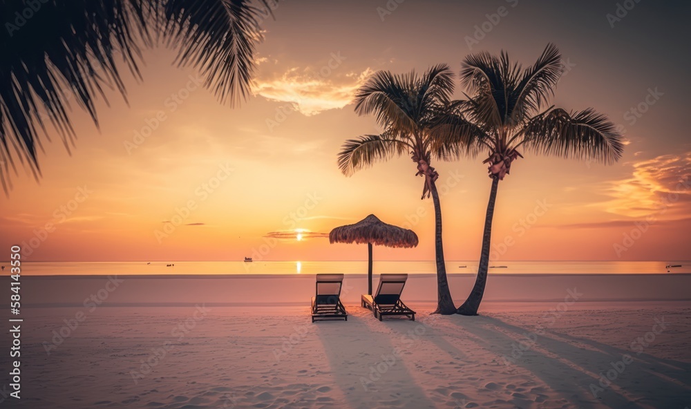 Relaxing in a Beautiful Tropical Sunset Scenery with Two Sun Beds ...