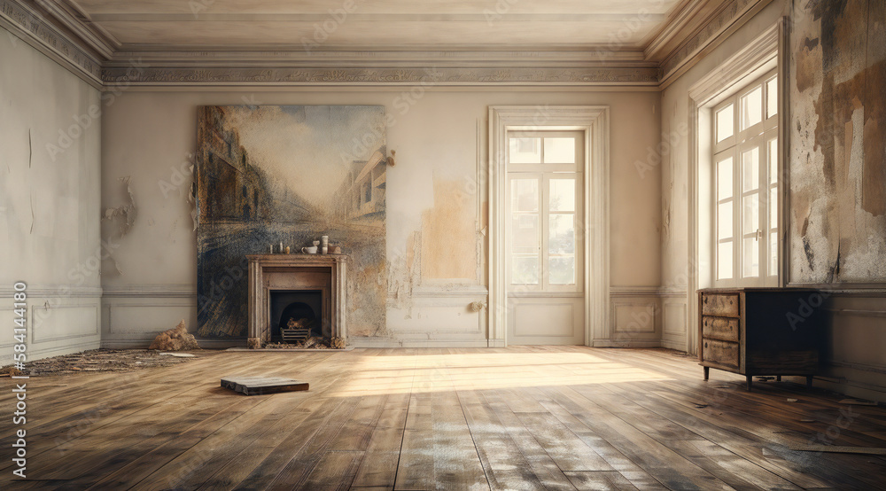 Beautiful old abandoned large room in a manor house, with large classic ...