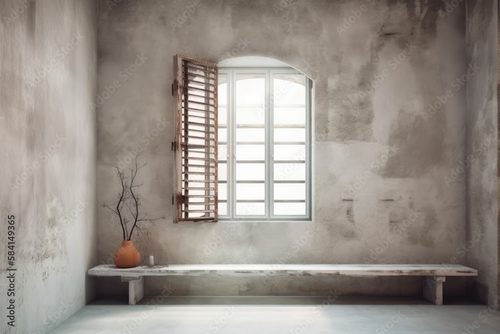 External plaster wall with white window with shutters, presenting ...