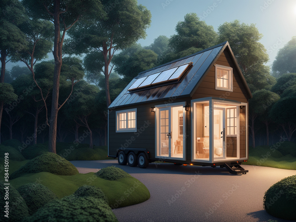3D isometric tiny house with a solar panels on roof, surrounded by ...