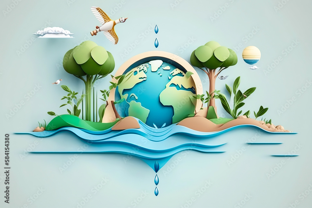 Paper art , Environmental protection and save earth water , Ecology and ...