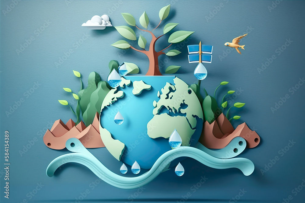 Paper art , Environmental protection and save earth water , Ecology and ...