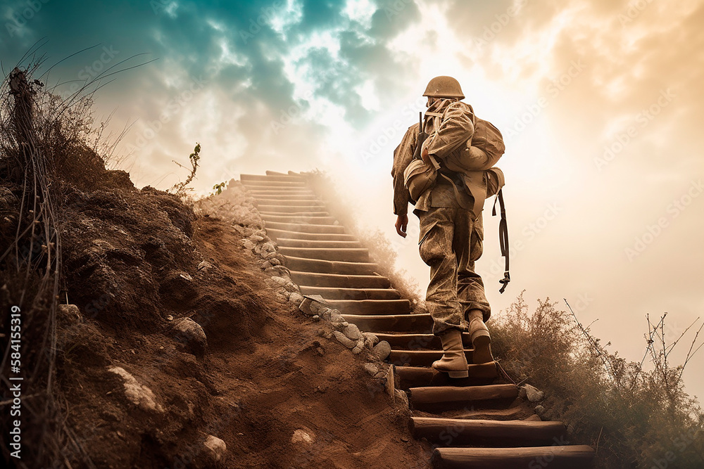 generative ai illustration of soldier climbing the stairway to heaven ...
