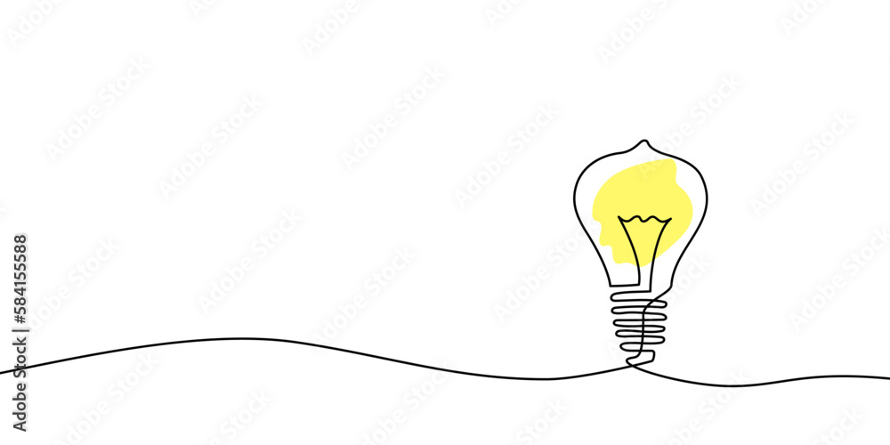 One line light bulb lamp art. Continuous single line idea, creative ...
