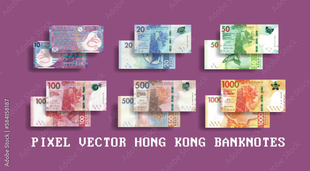 Vector set of pixelated mosaic Chinese Hong Kong banknotes. Bills in ...