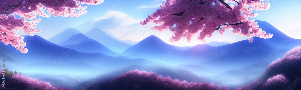 spring background in cartoon style. Pink and purple sakura, cherry ...